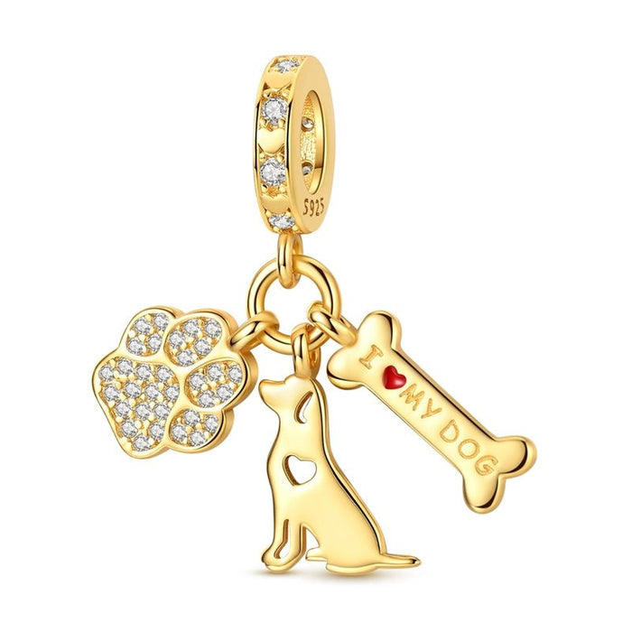 Gold I Love My Dog Paw, Bone & Puppy Dangle Charm